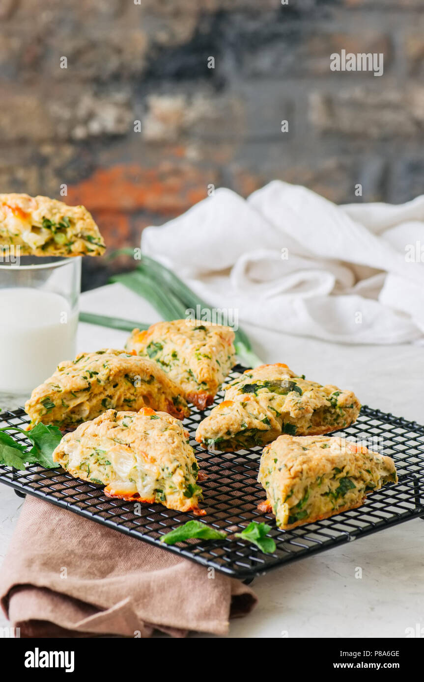 Savory scones with feta mozzarella and green herbs on a wire rack Stock ...