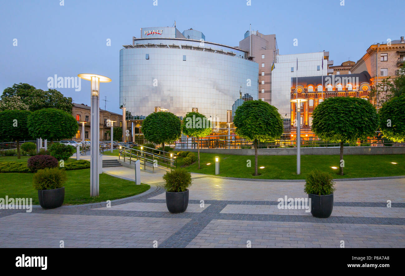 High modern building of the hotel with transparent windows on the ...