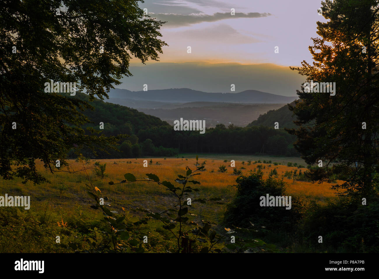 lawn with mountains in the background during sunset . For your design ...