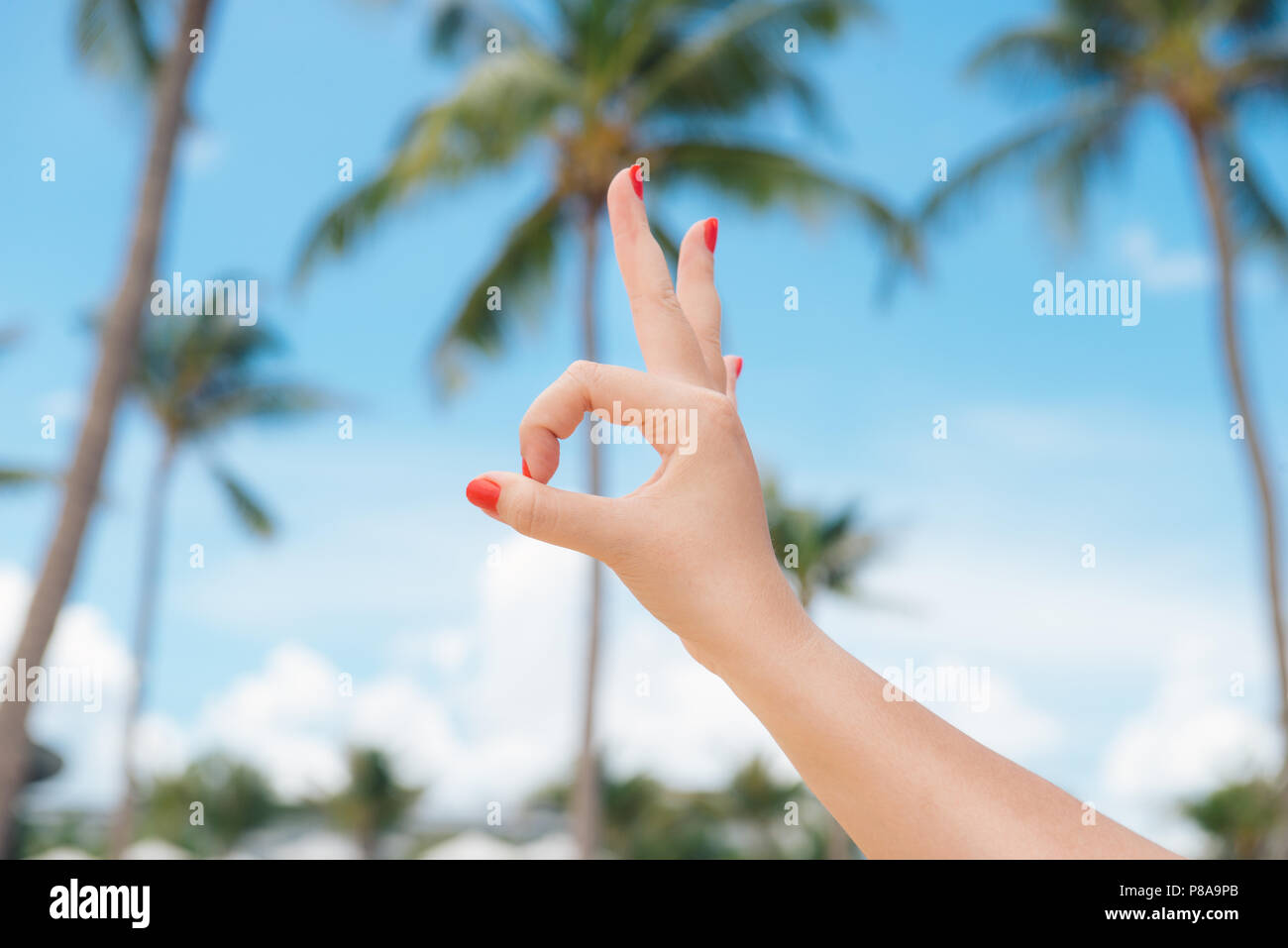 Holiday, beach rest. Woman hand showing okay sign gesture, against the ...