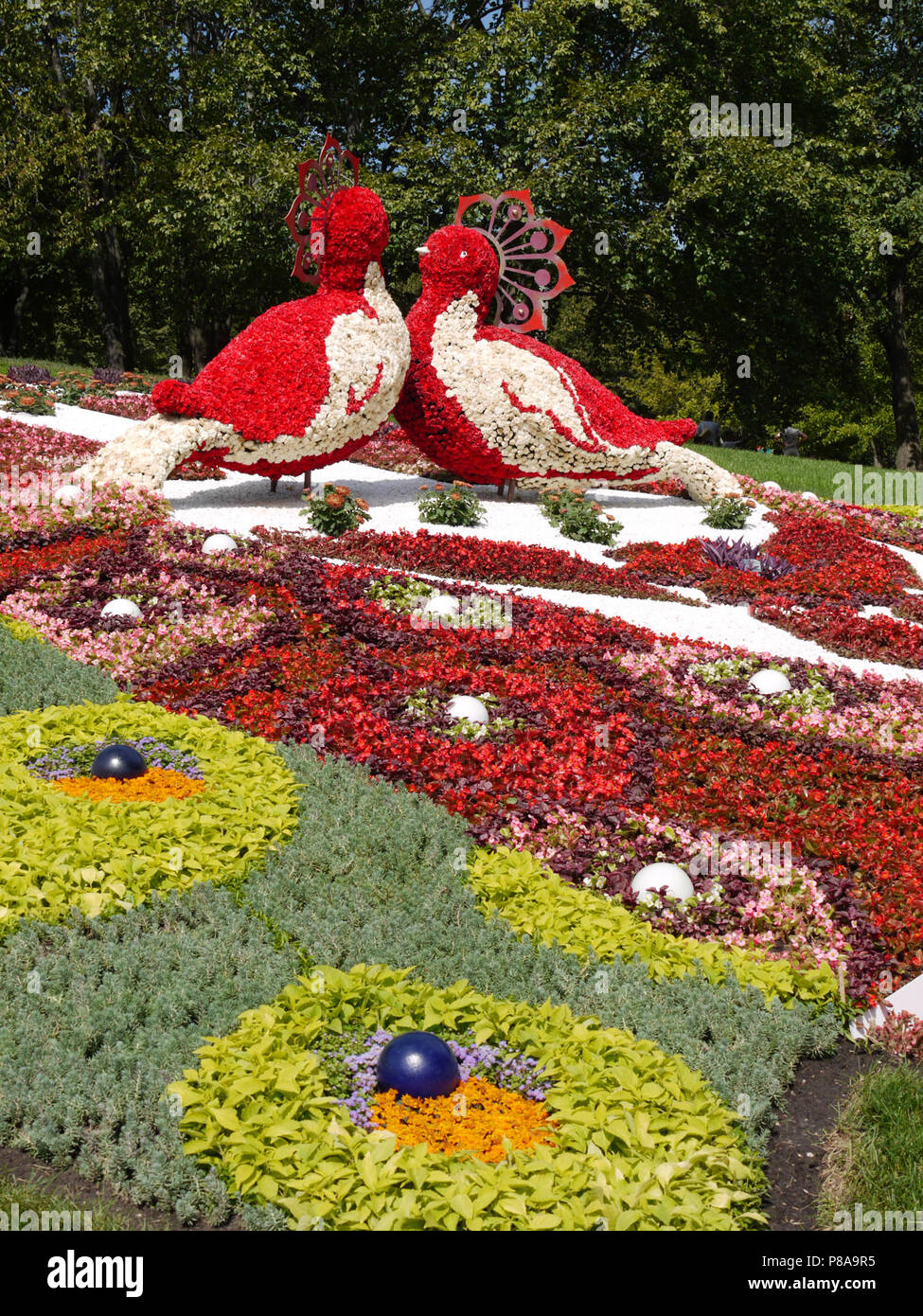Two large birds made of flowers. In the park in the middle of the ...