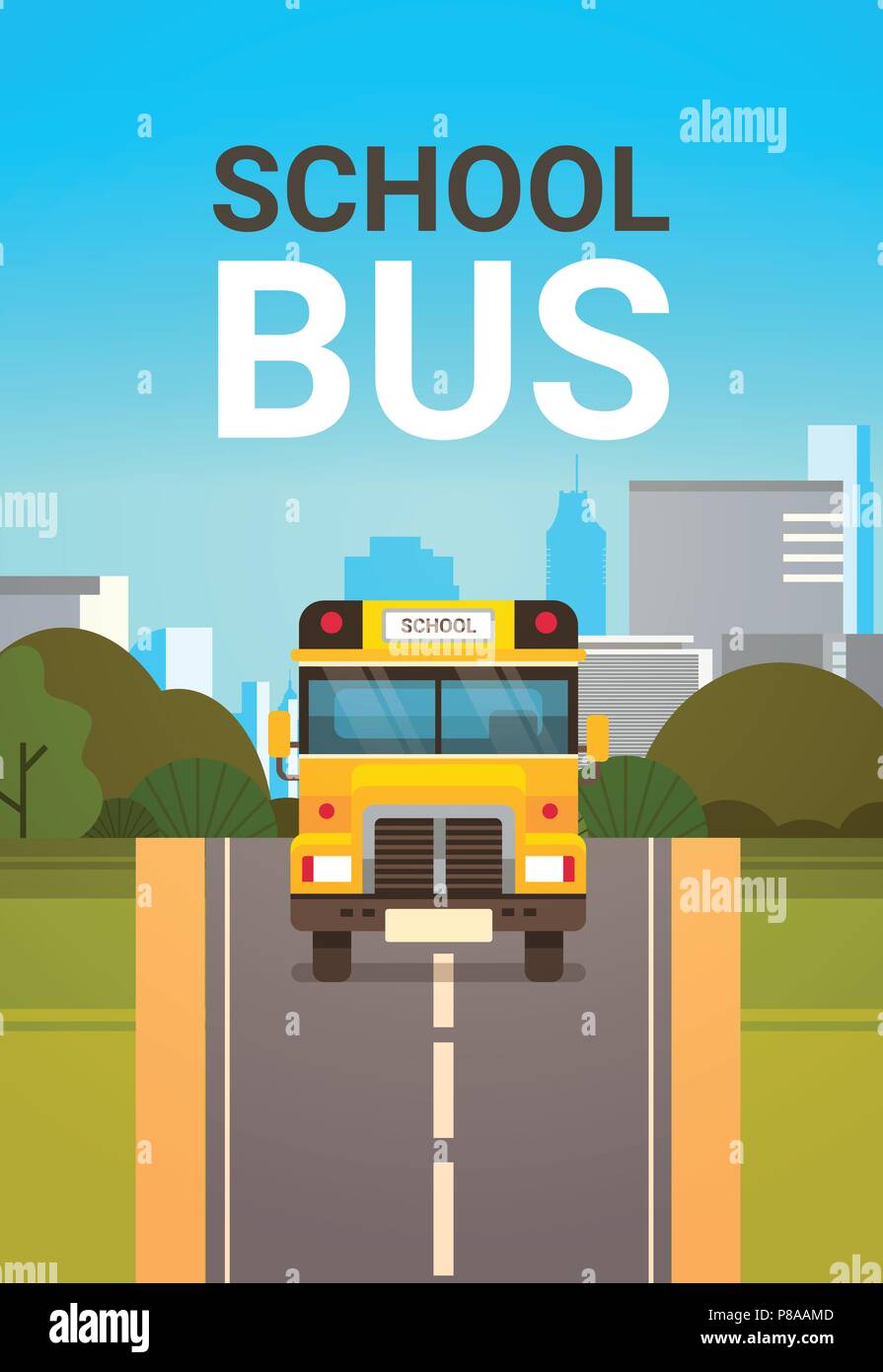 yellow school bus front view pupils transport concept cityscape ...