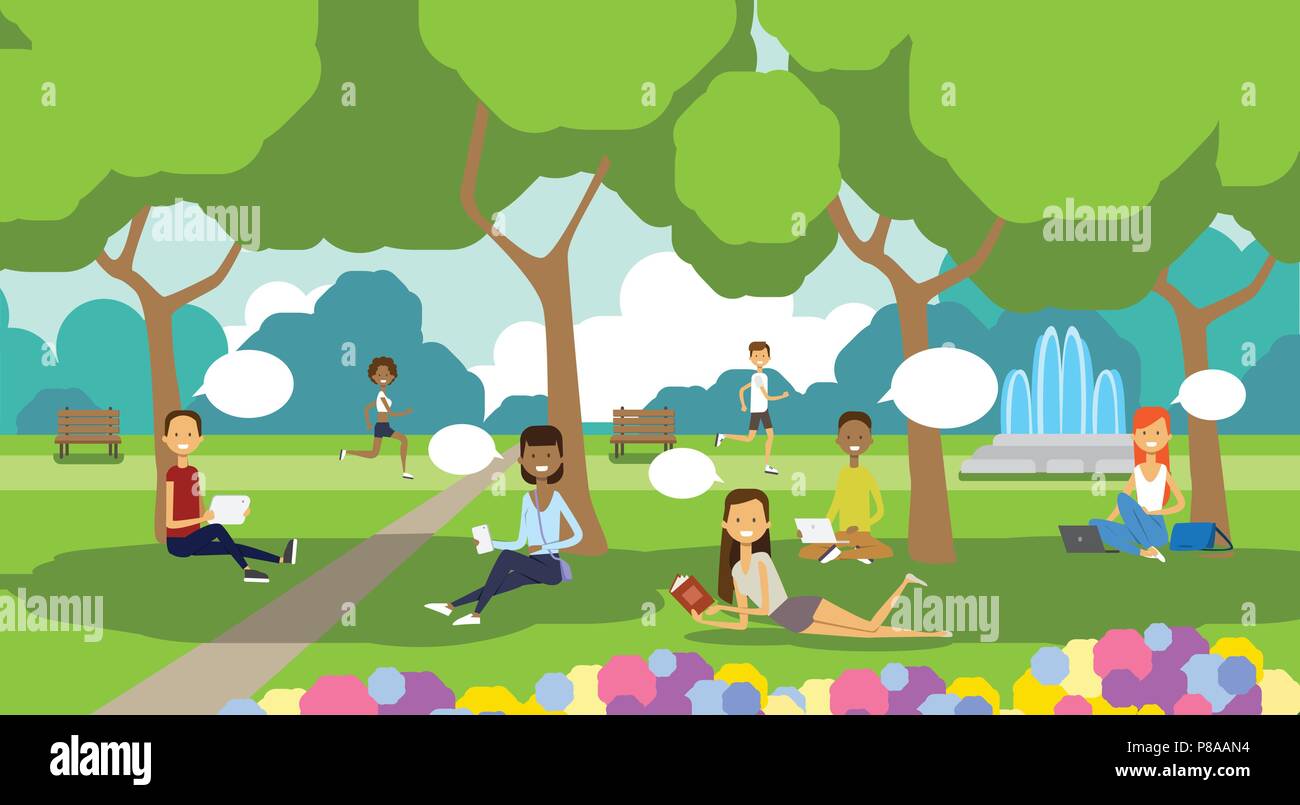 city park relaxing people chat bubbles sitting green lawn using laptop ...