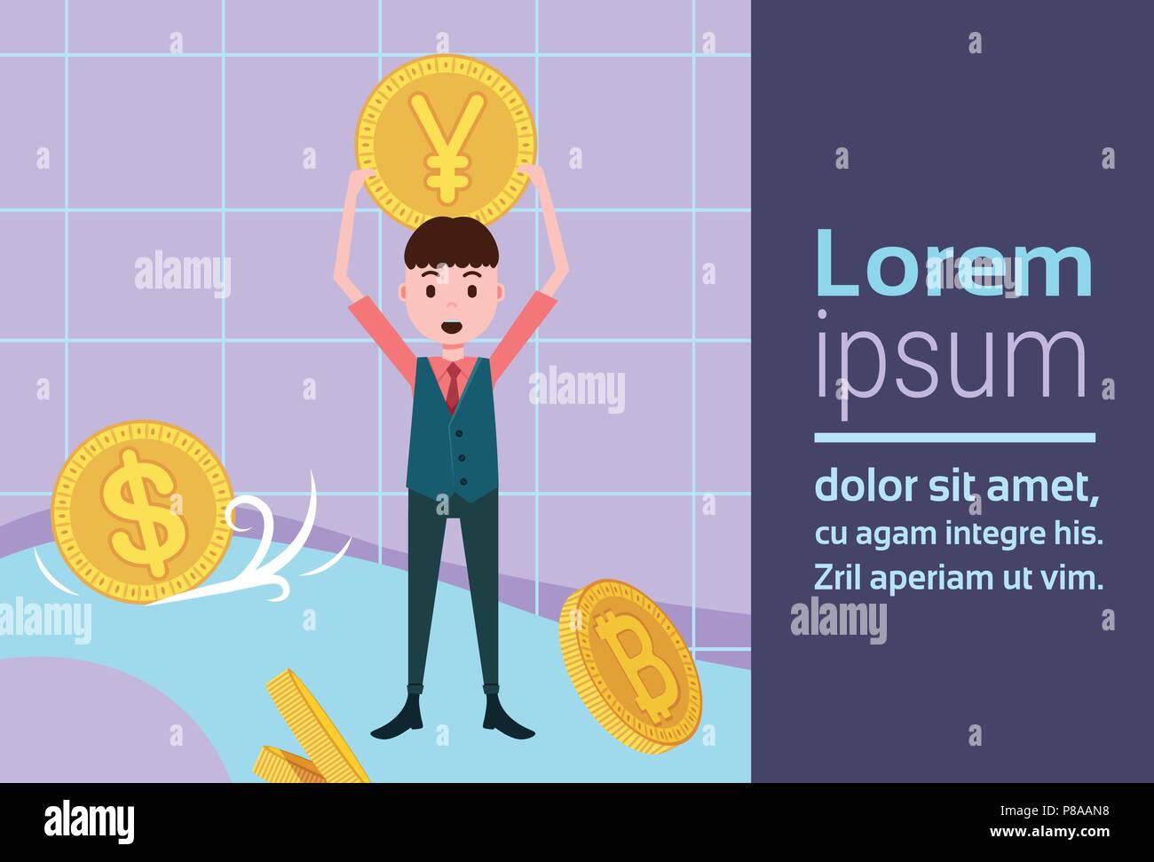 man character holding yuan coin exchange concept template for design ...