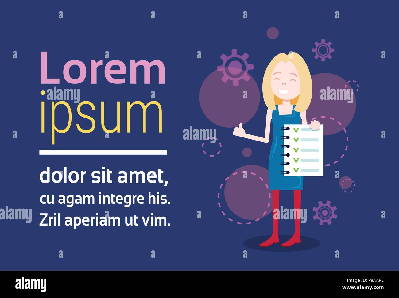 happy woman character holding checklist survey exam form paper template ...