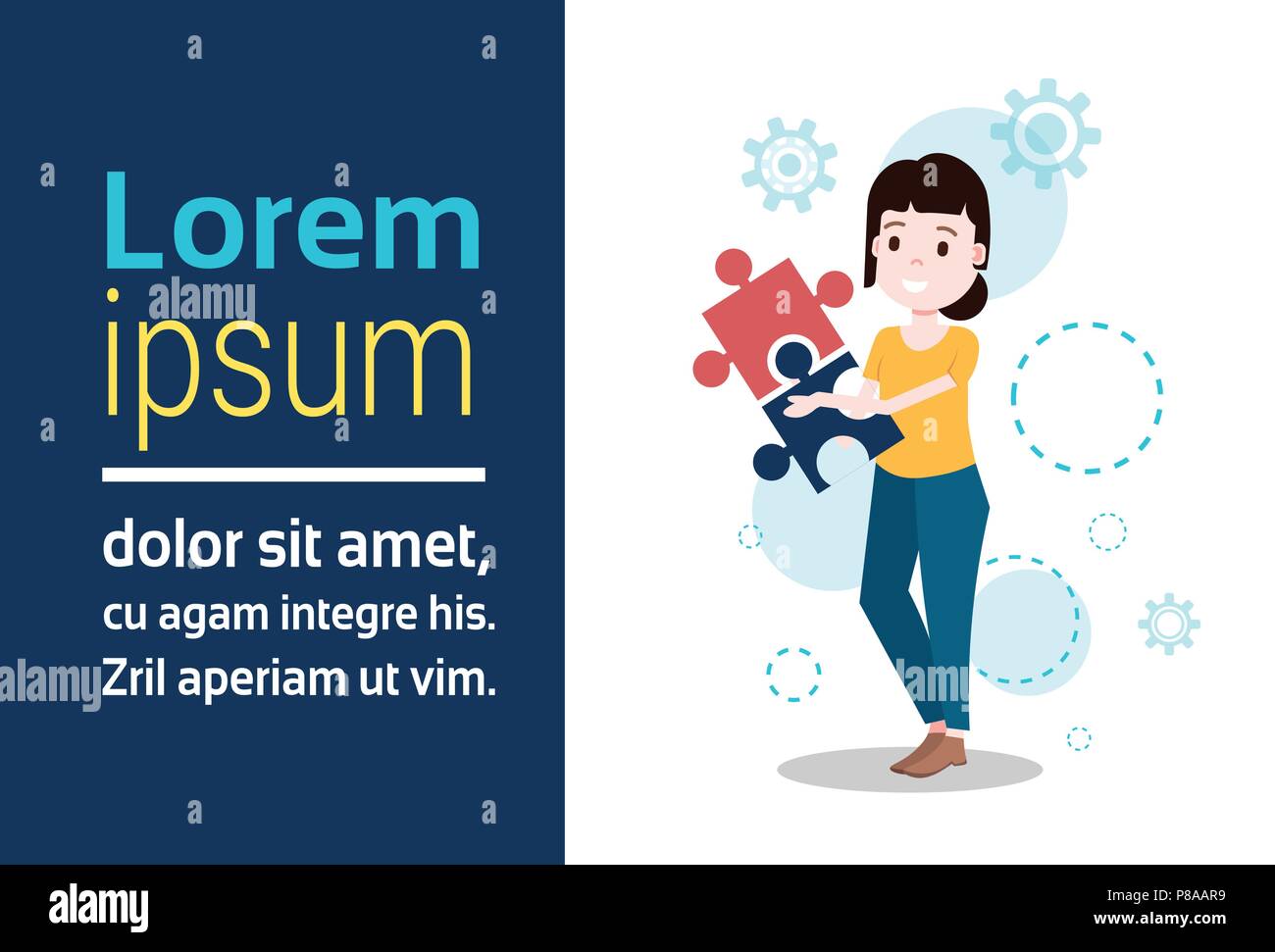 woman character putting two pieces puzzle template for design work or ...