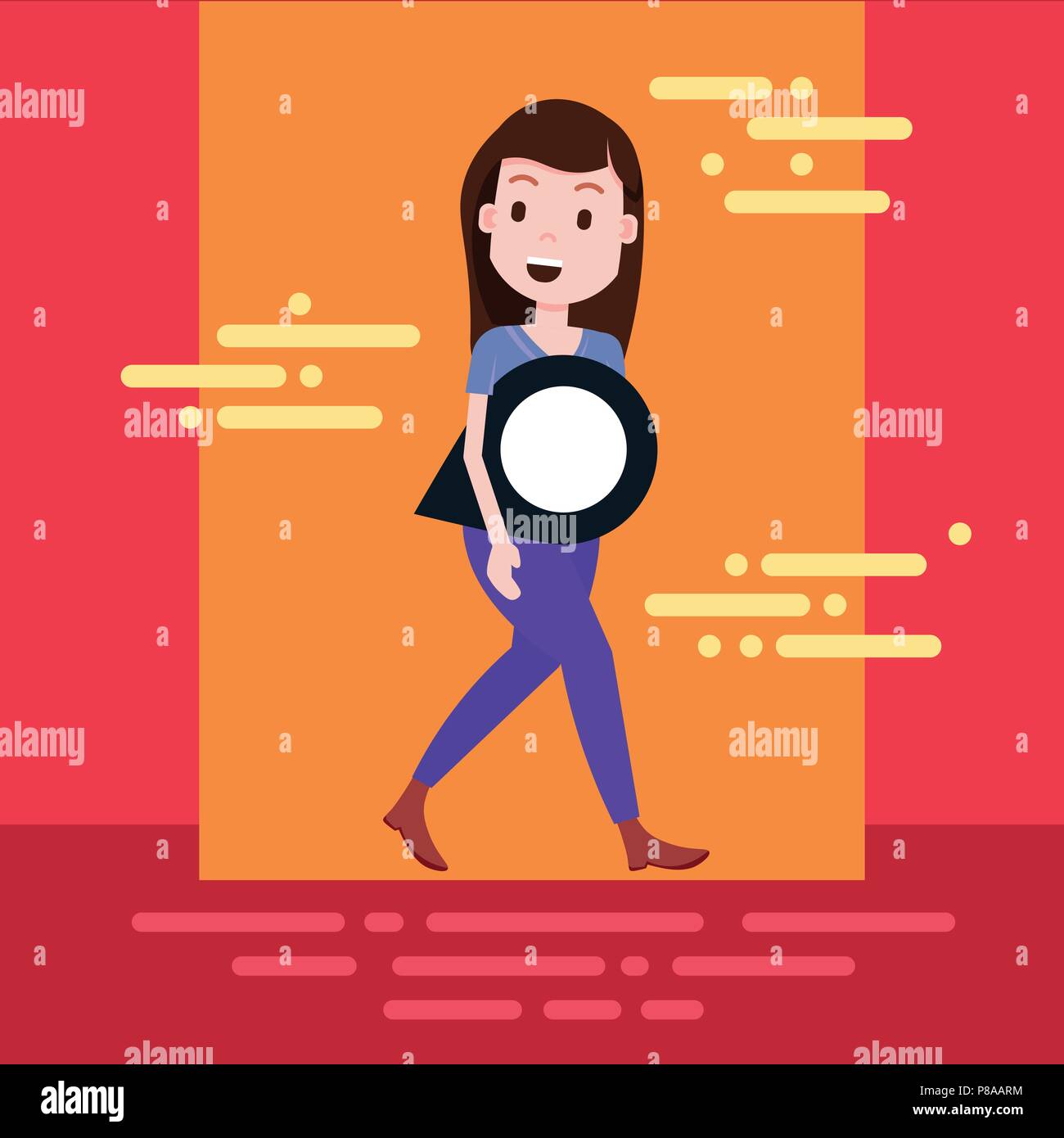 glad woman character holding navigation pointer template for design ...