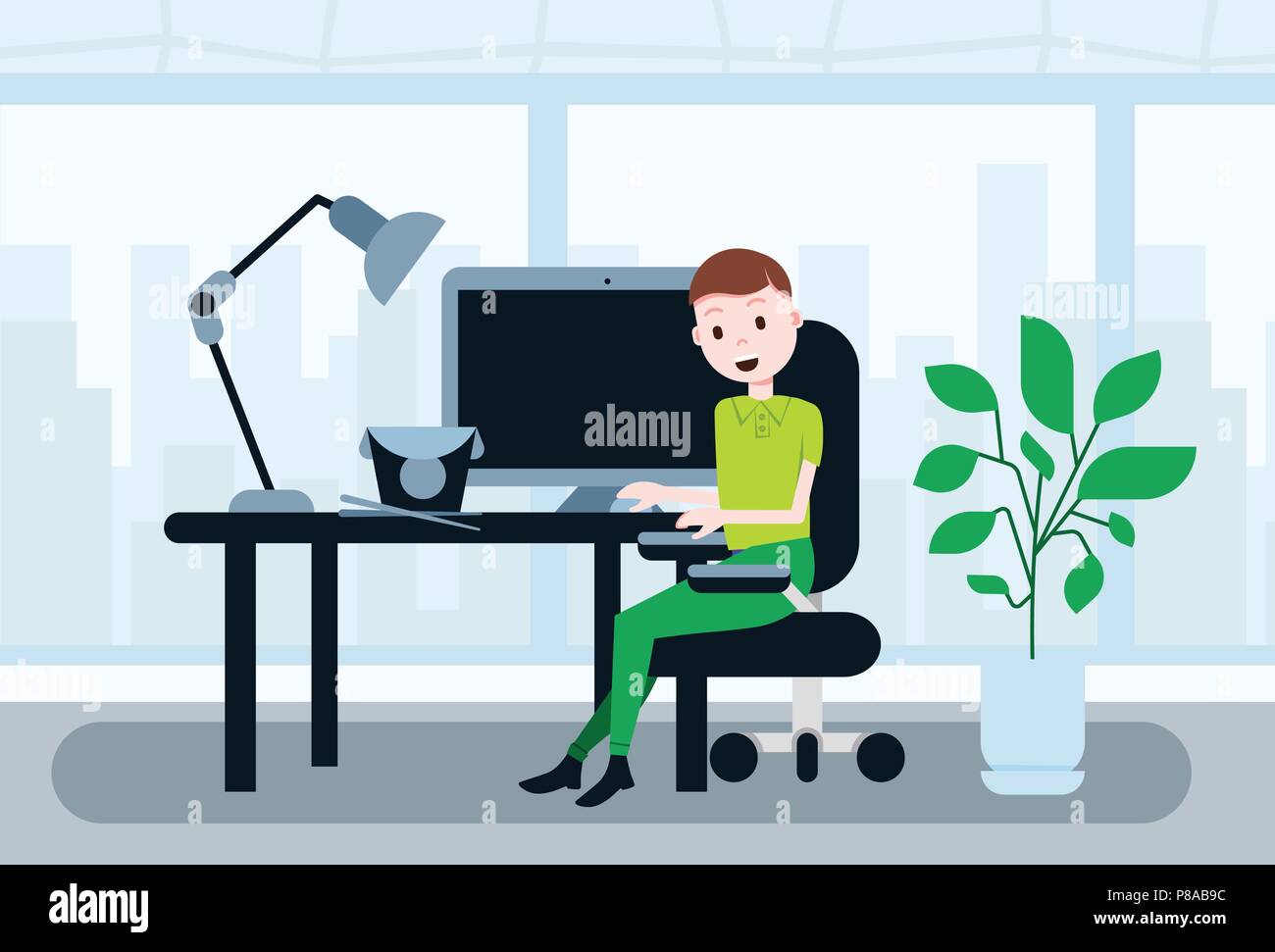 man sitting office working desk lunch break asian food concept template ...