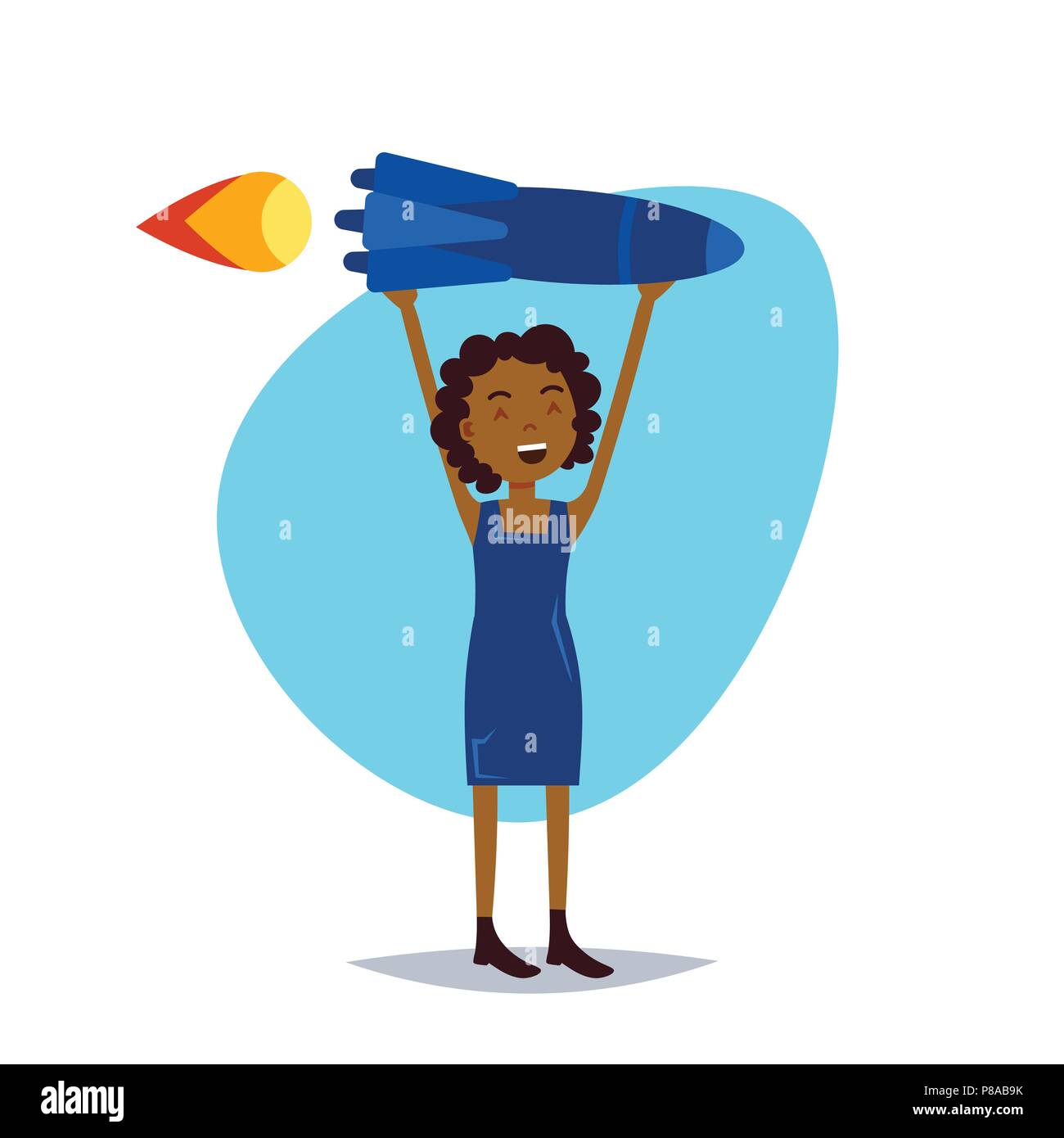 woman character holding rocket successful sturtup concept template for ...