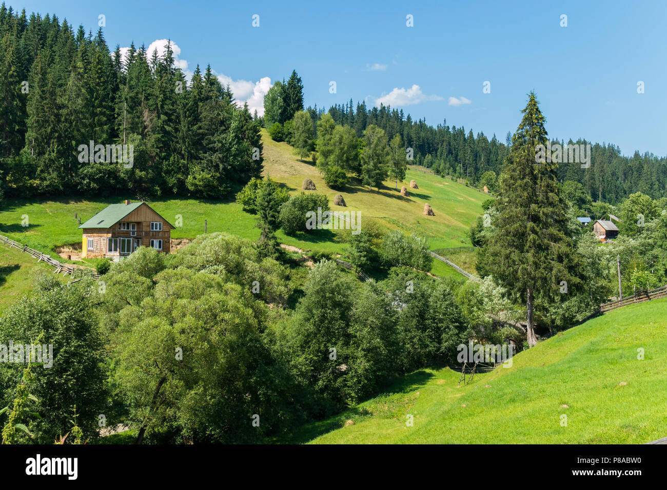 a wooden house with large windows in the valleys near the forest and ...