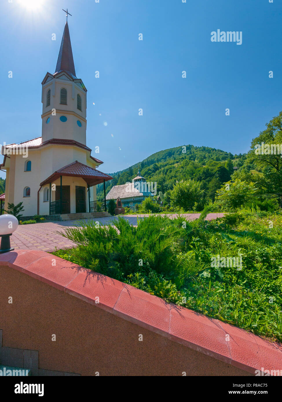 Stately church on a hill in the scorching sun . For your design Stock ...