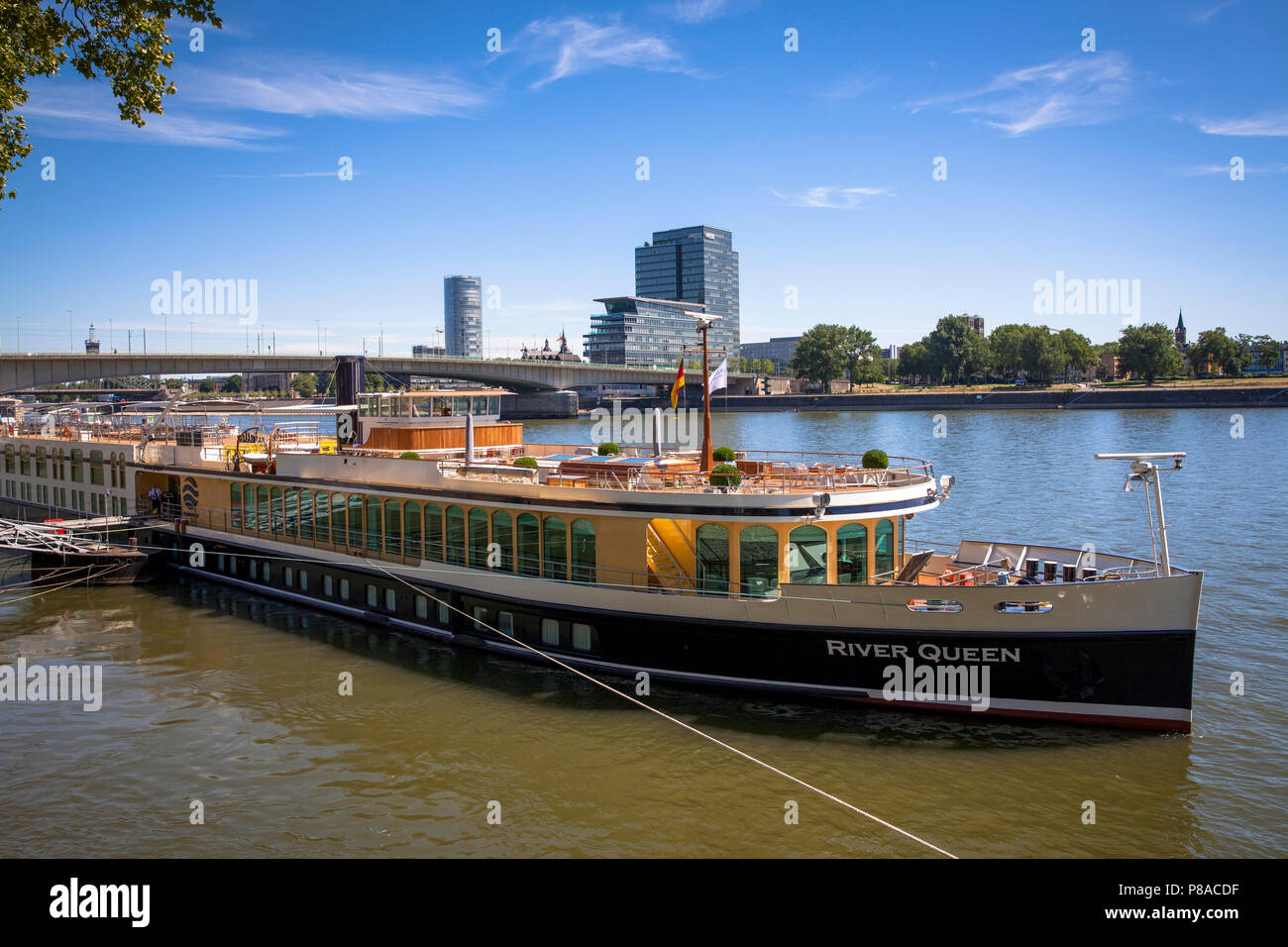 ship on the banks of the Rhine, view to the district Deutz with the ...