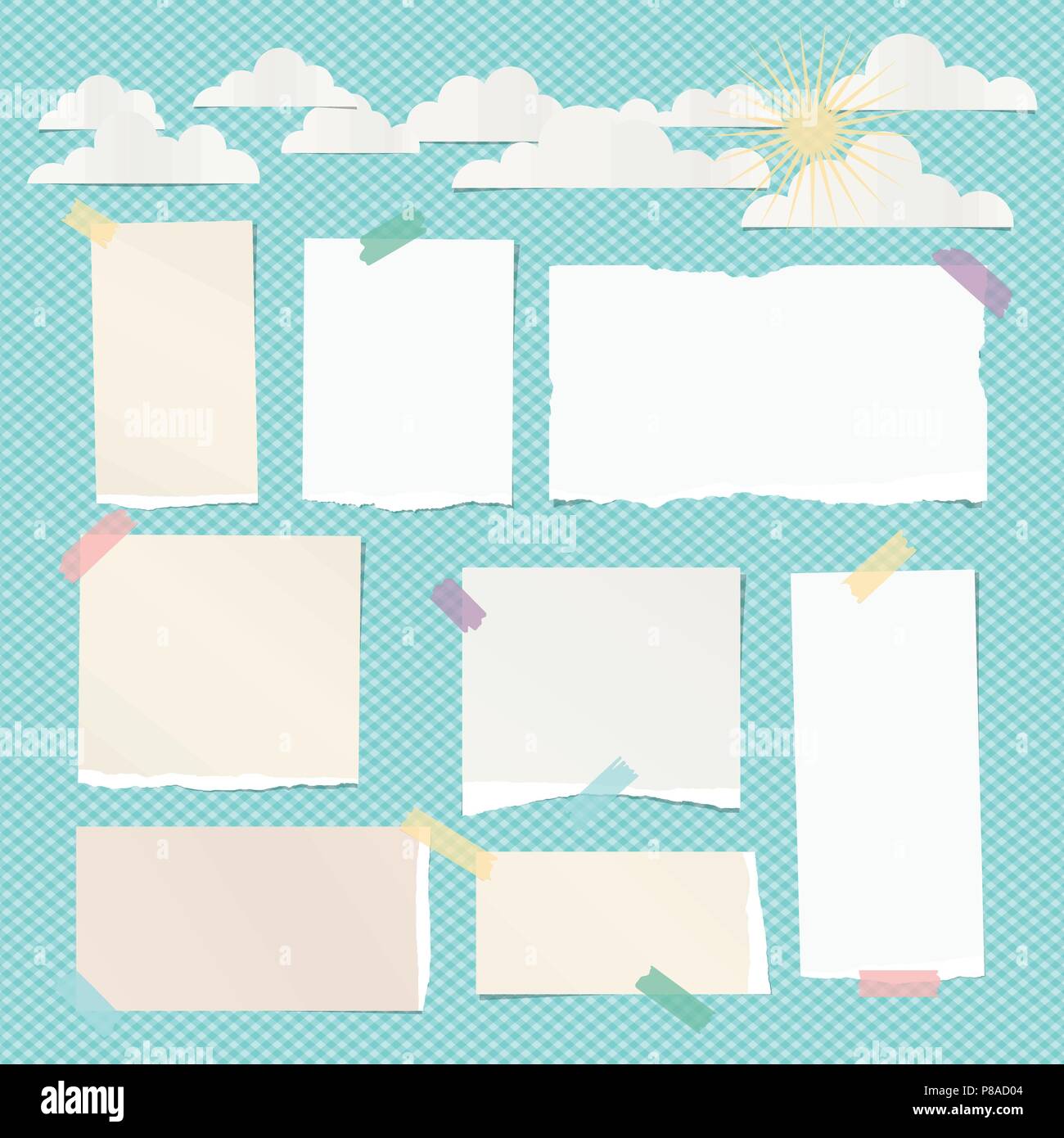 Pieces of ripped white, beige blank note, notebook paper with clouds ...