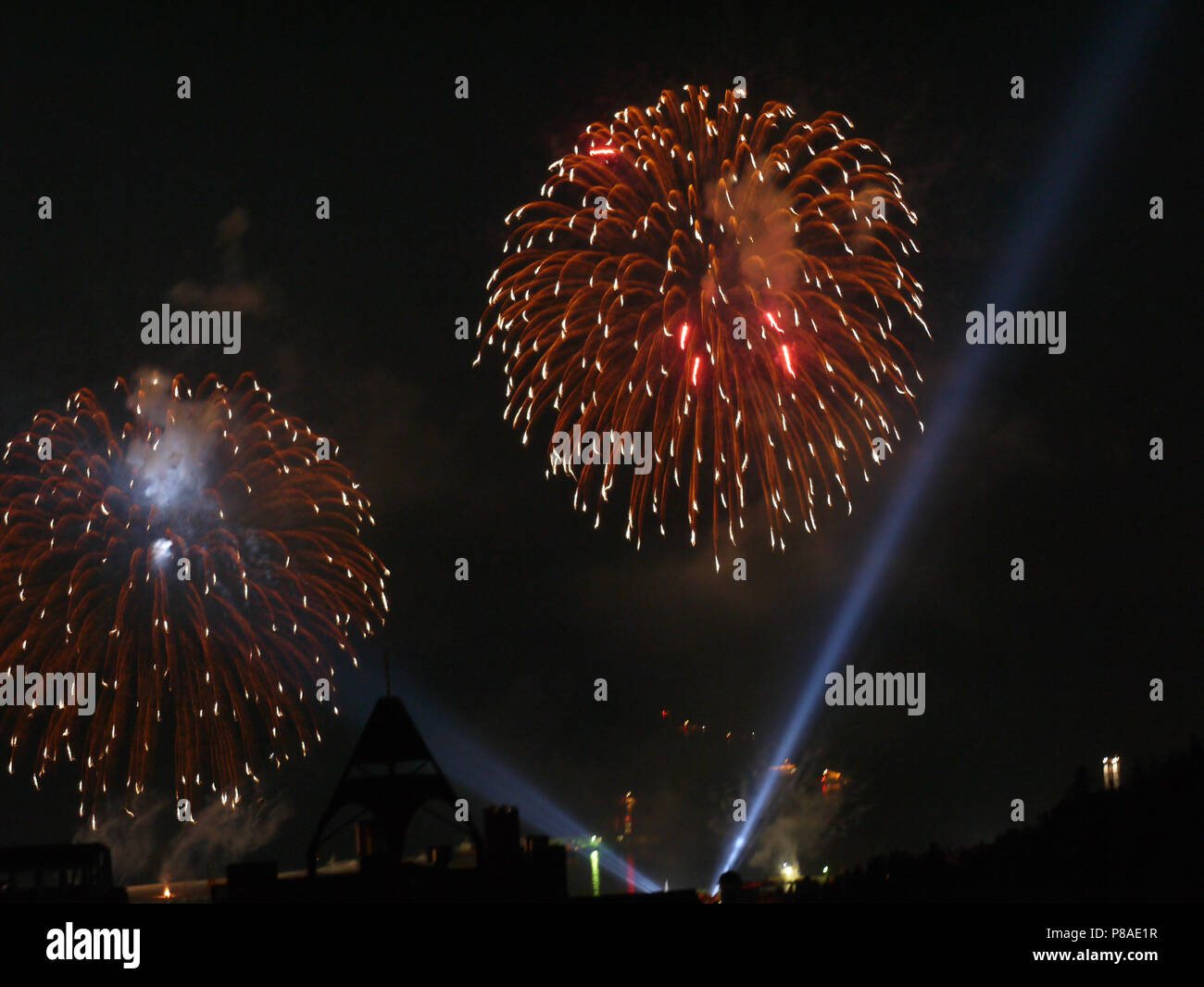 Rain from the bright festive lights of the salute in the night sky ...