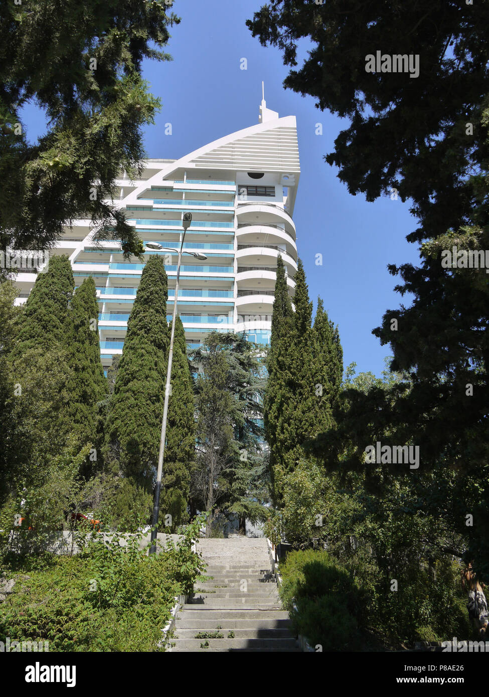 Steps leading to the high modern sanatorium building against the ...