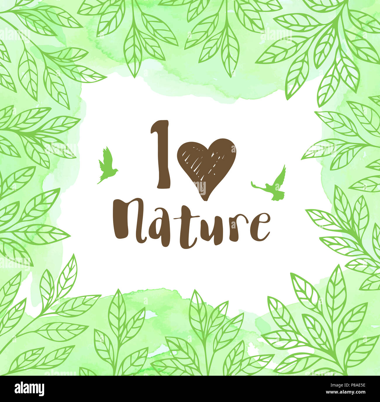 Green floral frame with leaves, birds and watercolor texture. Ecology ...