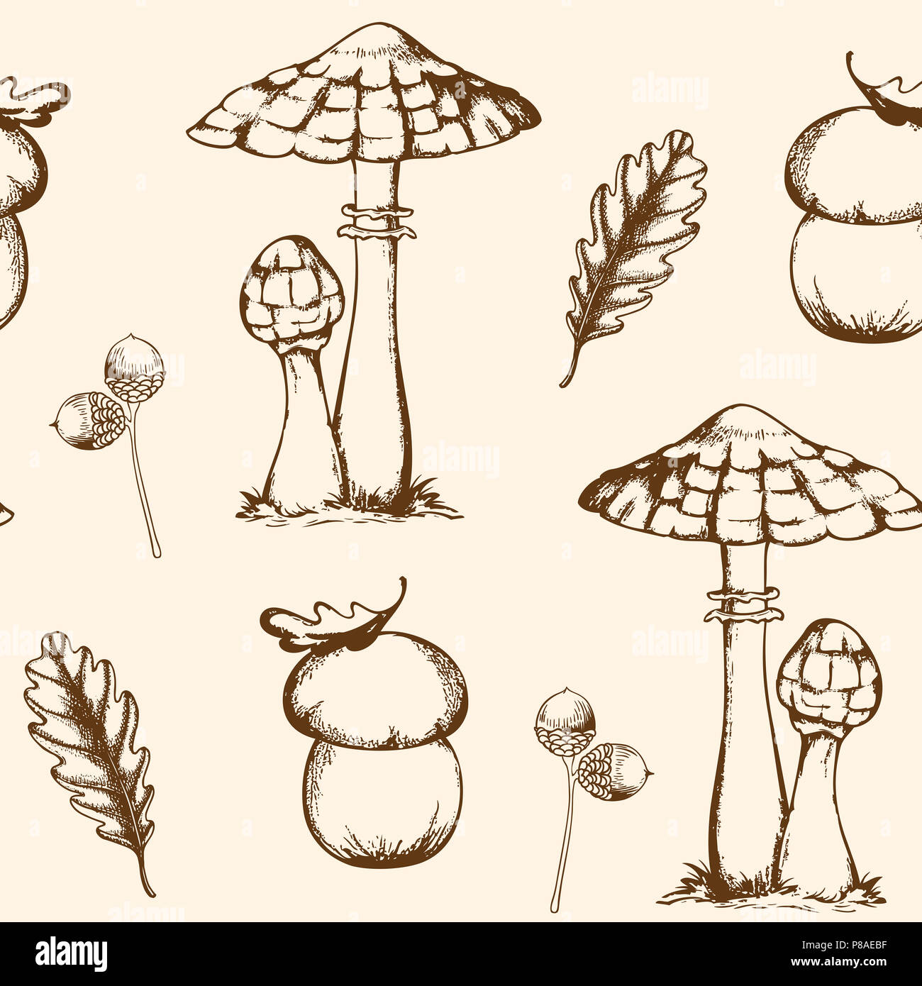 Vintage hand drawn seamless pattern with mushrooms, acorns and falling ...