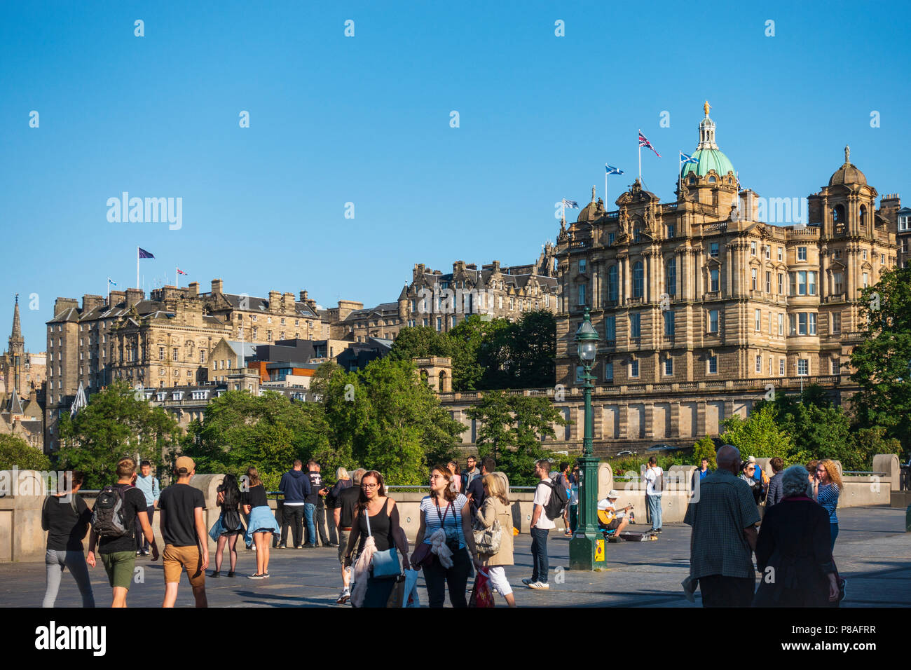 View of historic buildings in the Old Town of Edinburgh from Princes ...