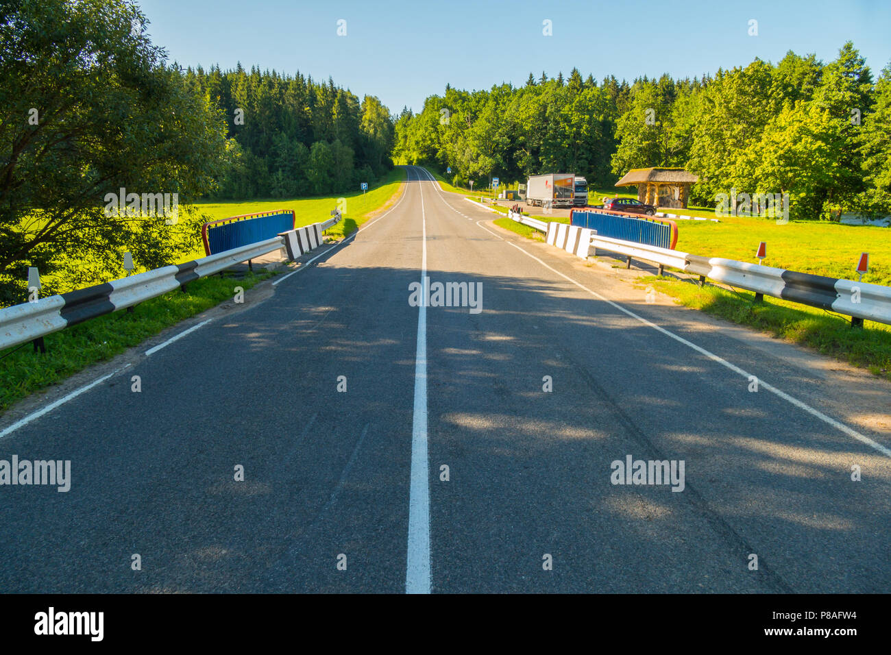 A two-lane road amid a bright green forest belt and a blue sky . For ...