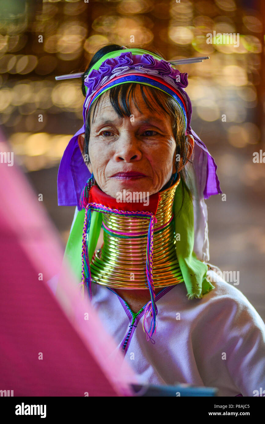 Inle Lake, Myanmar - Feb 7, 2018. A Kayan woman (Long Neck People ...