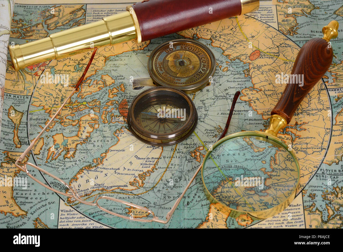 Santa Claus equipment. Magnificent glass, spy glass, compass, glasses ...