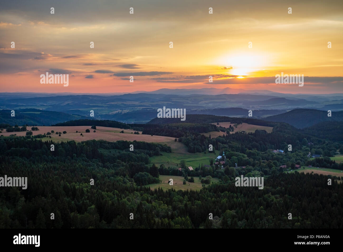 Summer sunset landscape with green forest and beautiful inspirational ...