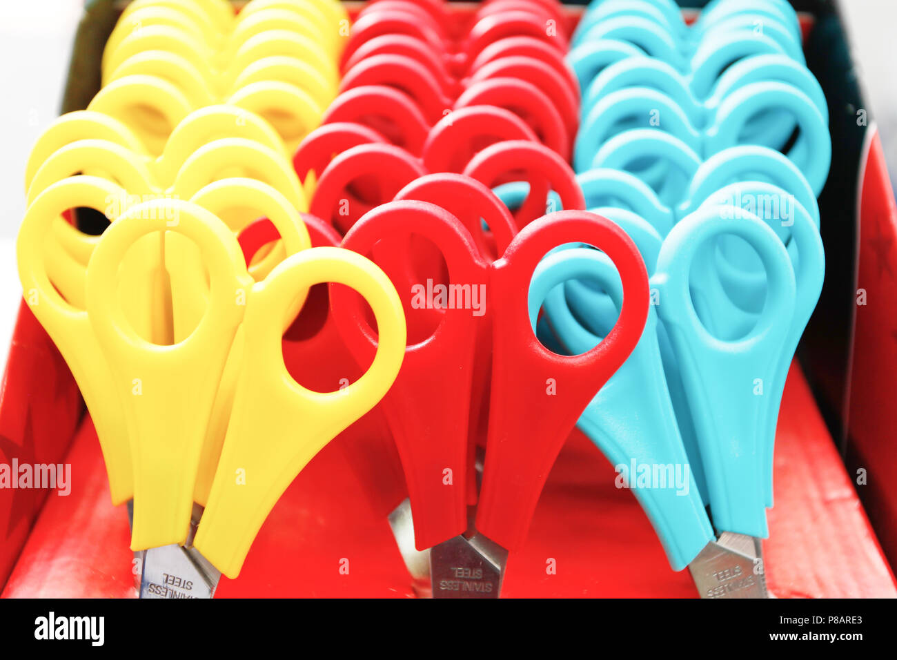 A collection of colorful children's scissors in a school Stock Photo ...