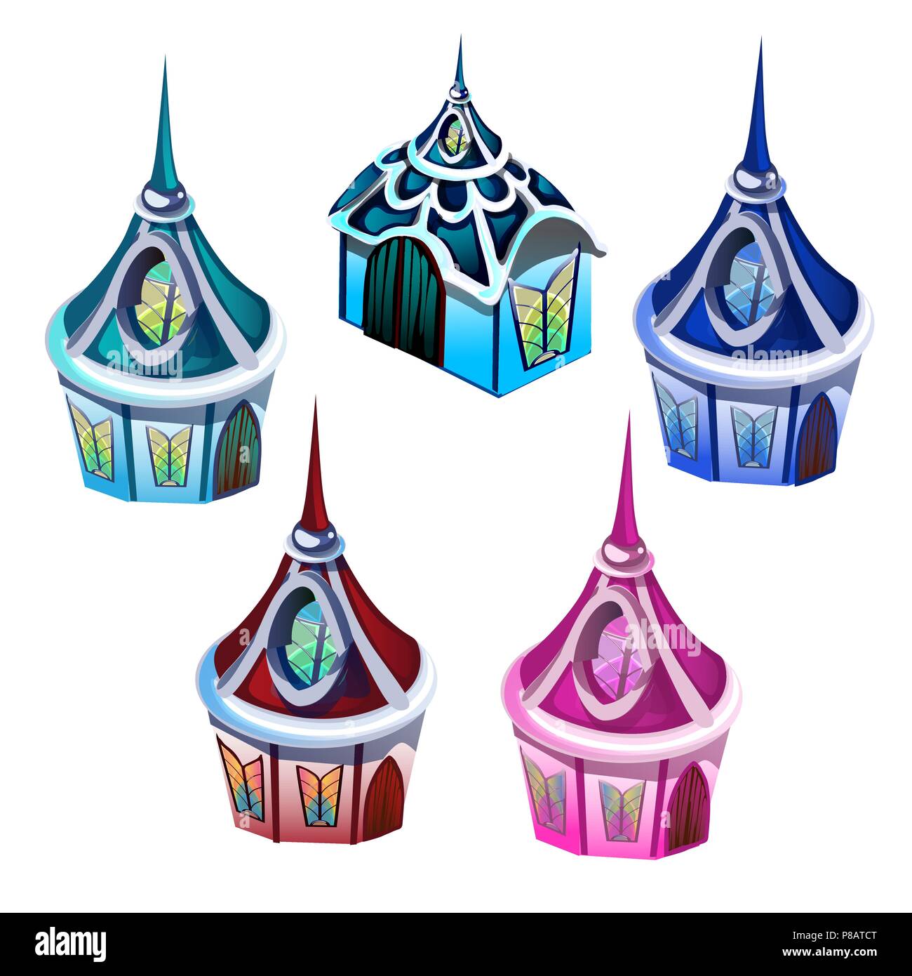 Set of small fancy houses isolated on white background. Vector cartoon close-up illustration ...