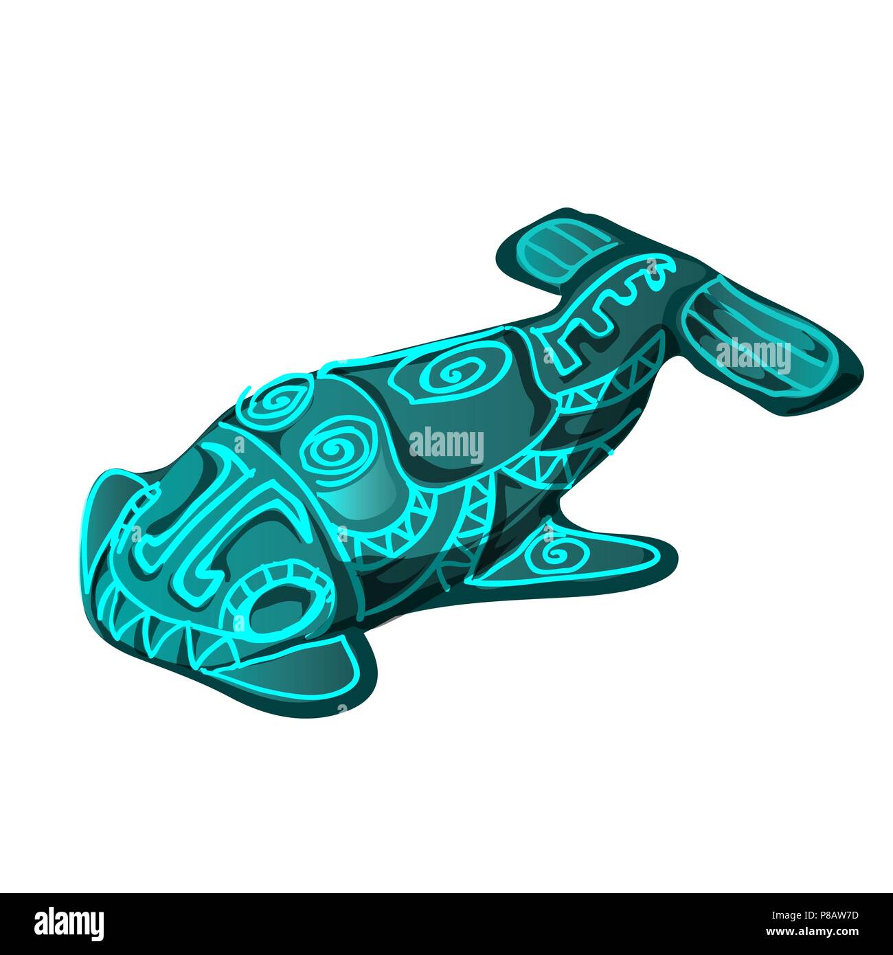 The artifact in the shape of a fish with glowing runes isolated on ...