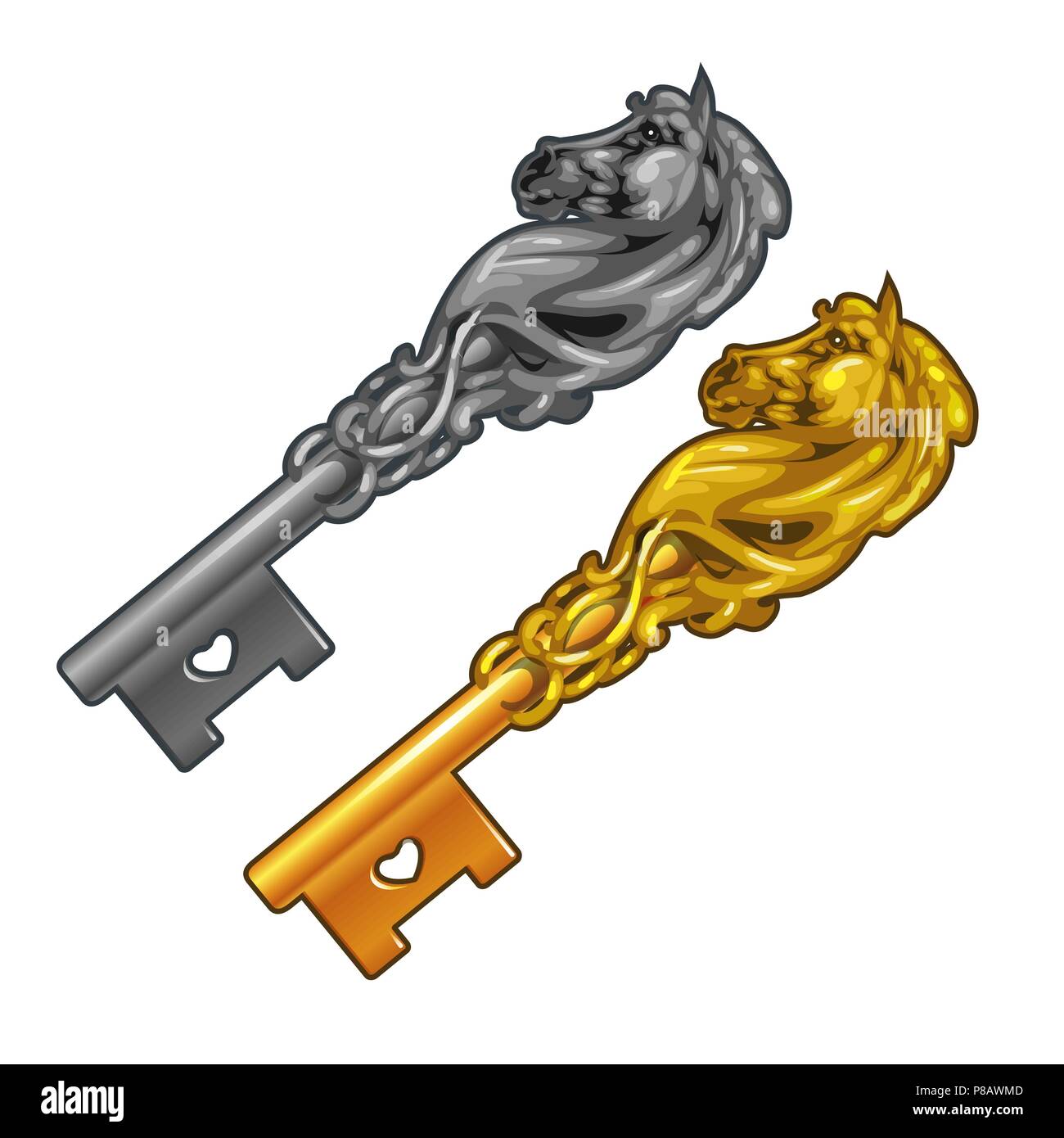 Set of vintage fancy keys in the form of a horse head isolated on white ...