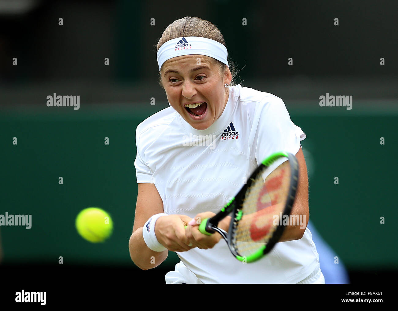 Jelena Ostapenko in action on day eight of the Wimbledon Championships ...