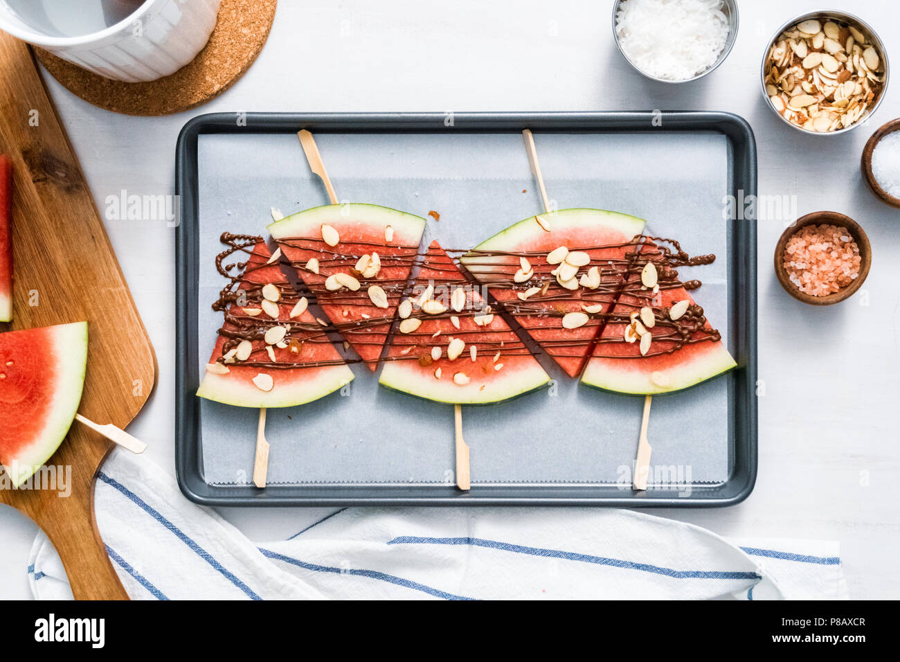Watermelon drizzled chocolate topped flaked hi-res stock photography ...