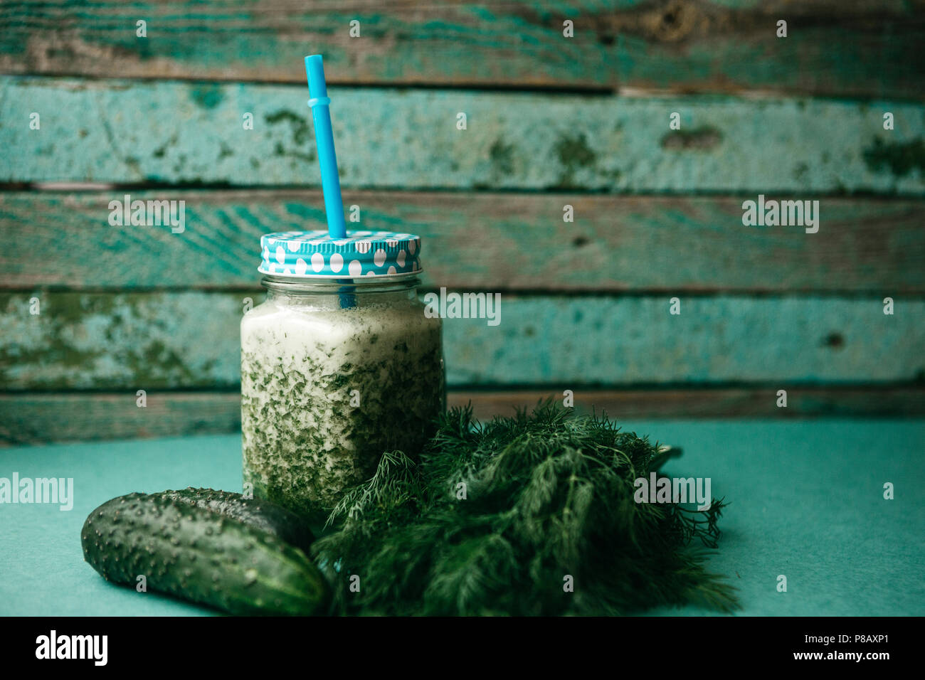 Vegetarian green mix of vegetable and fruit cocktail from cucumber and ...