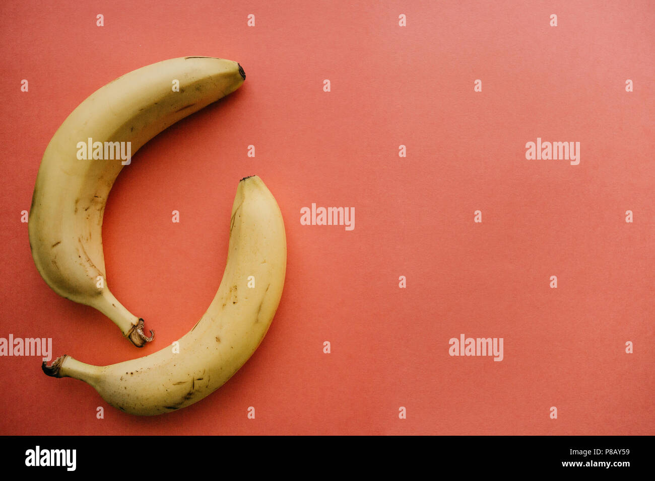 Two ripe bananas on a pink background. Nutritious and healthy food ...