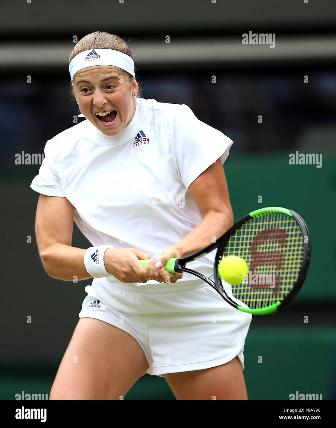 Jelena Ostapenko in action on day eight of the Wimbledon Championships at the All England Lawn ...