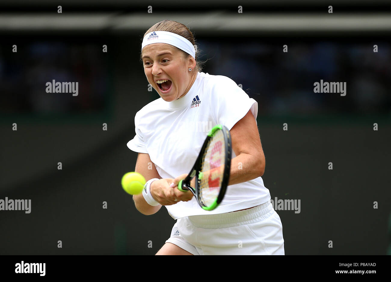Jelena Ostapenko in action on day eight of the Wimbledon Championships ...