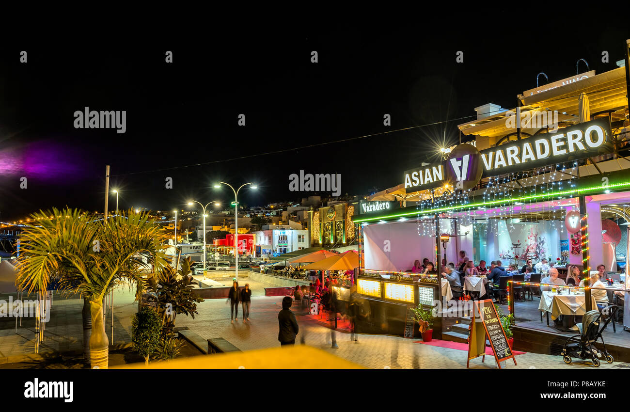 Puerto del Carmen, Spain - December 29, 2016: night view of old town ...