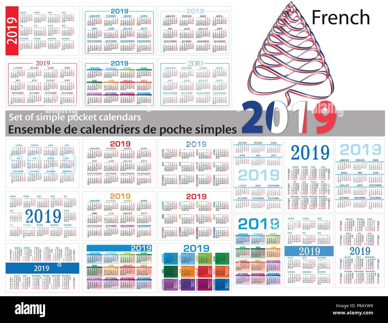 Set of simple calendars in french on 2019 Two thousand nineteen . Week ...