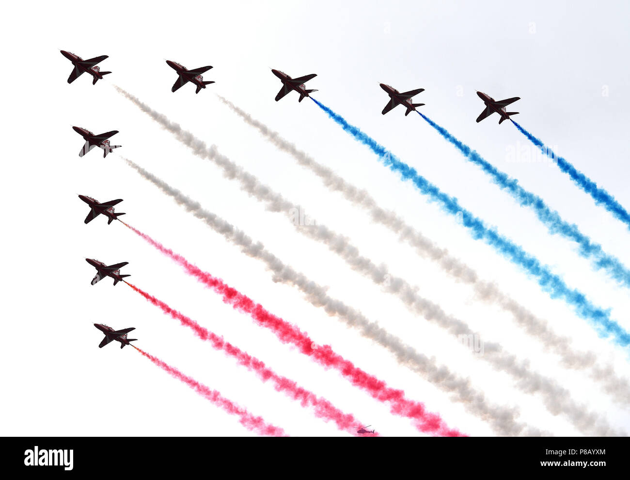 Red Arrows flying over Buckingham Palace, London in the Royal Air Force ...