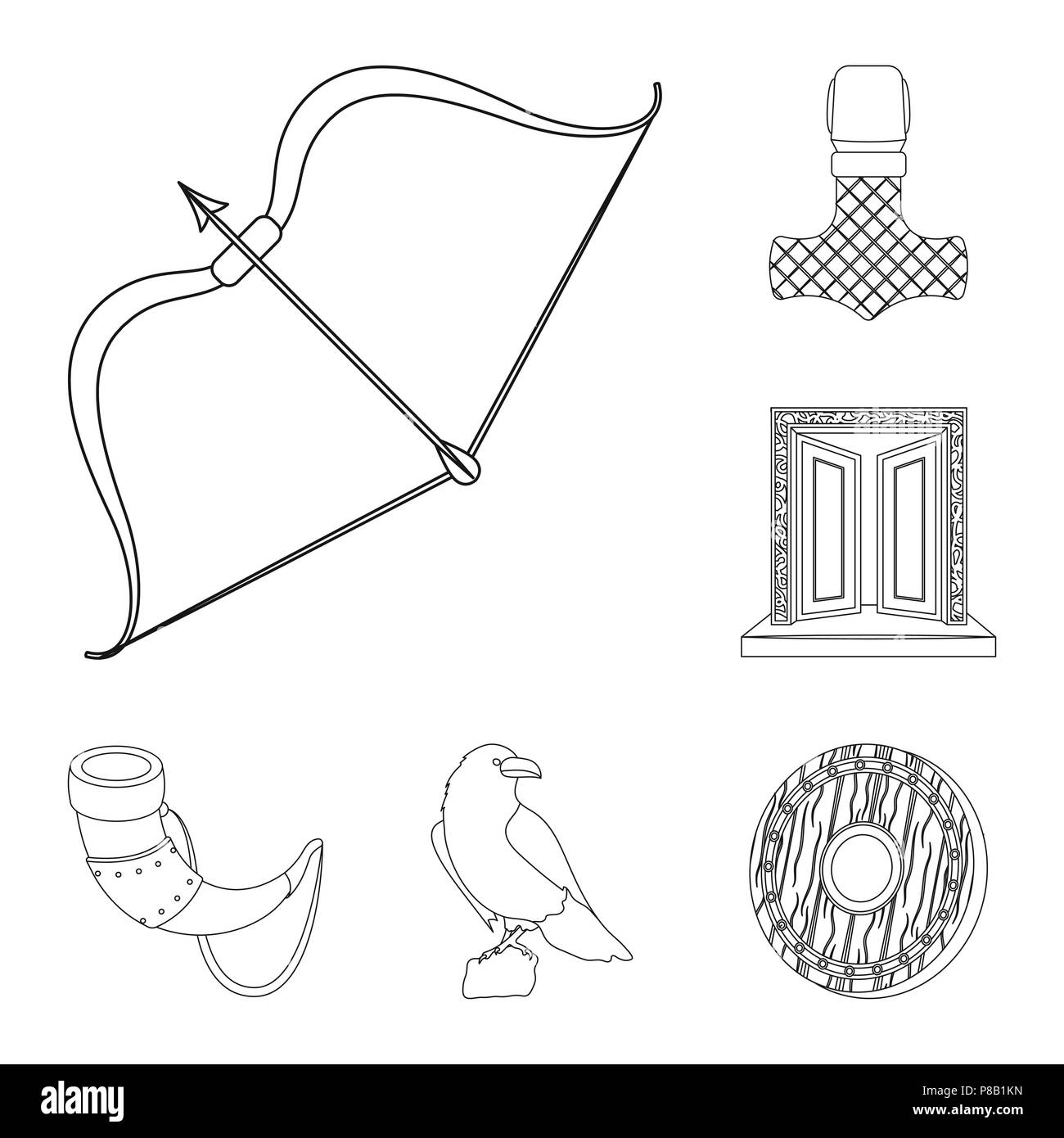 Vikings and attributes outline icons in set collection for design.Old ...