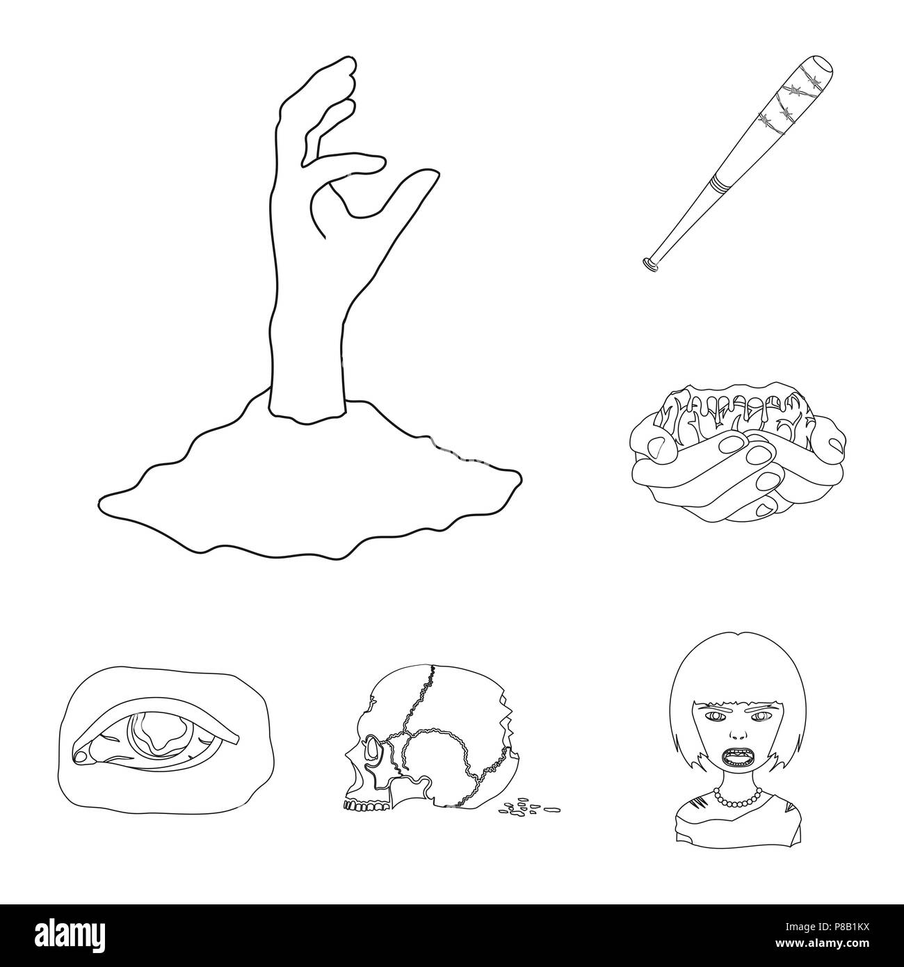 Zombies and Attributes outline icons in set collection for design. Dead ...