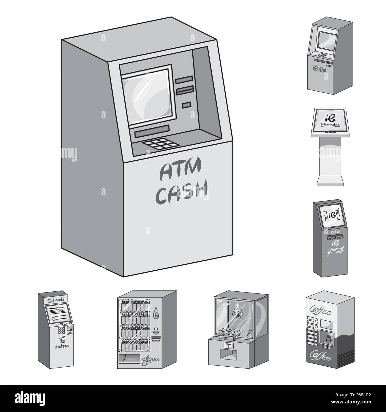 Variety of terminals monochrome icons in set collection for design. ATM ...