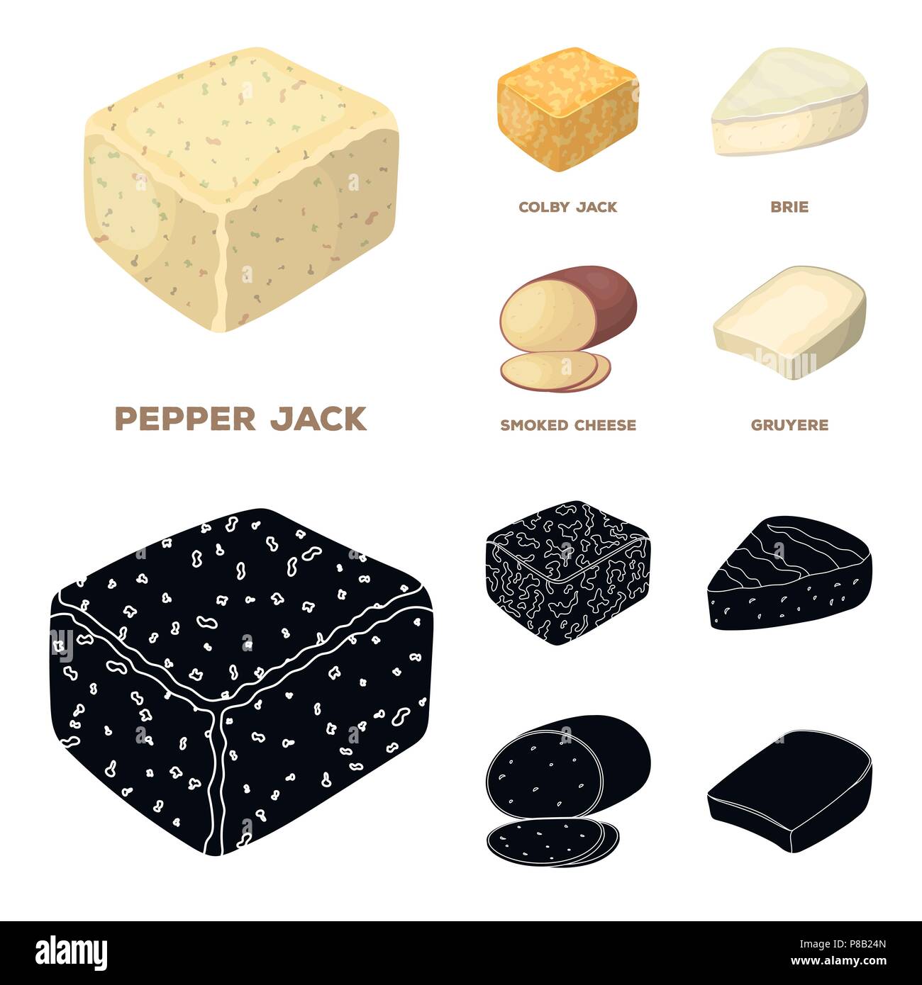 Brynza, smoked, colby jack, pepper jack.Different types of cheese set ...