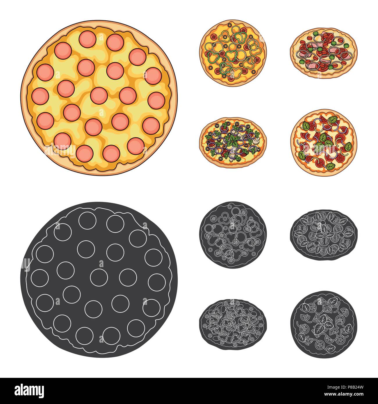 Pizza with meat, cheese and other filling. Different pizza set ...