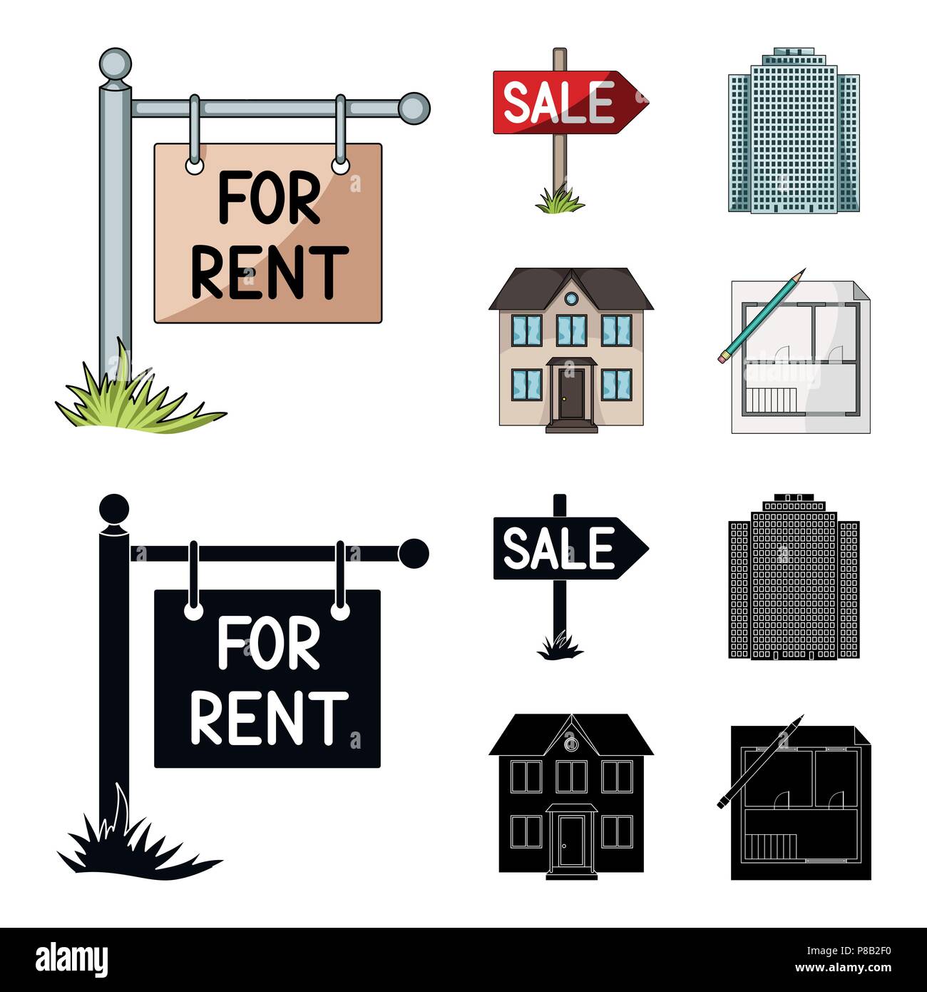 Signs of sale and rent, a skyscraper, a two-story cottage.Realtor set ...