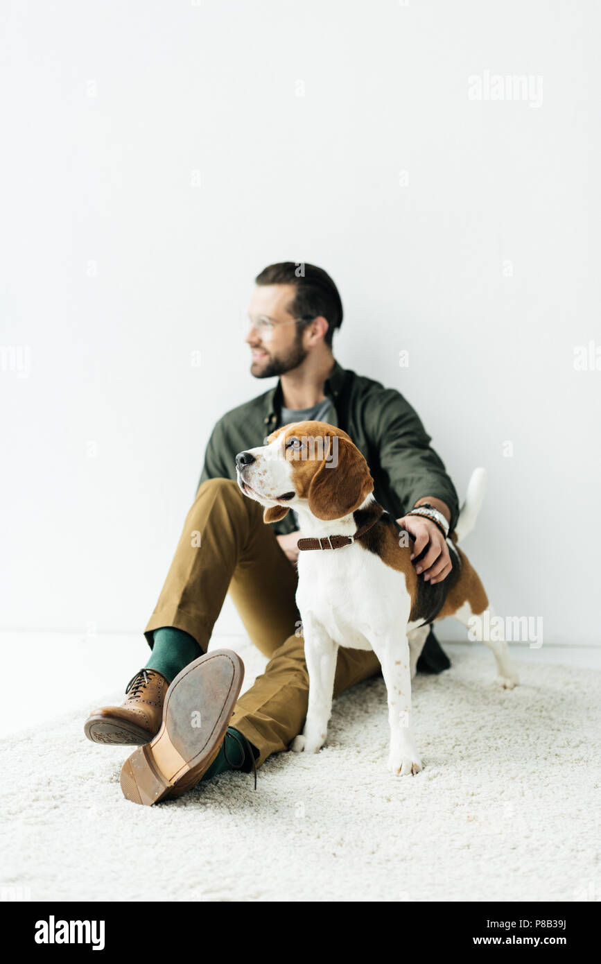 handsome man sitting with cute beagle on carpet Stock Photo - Alamy