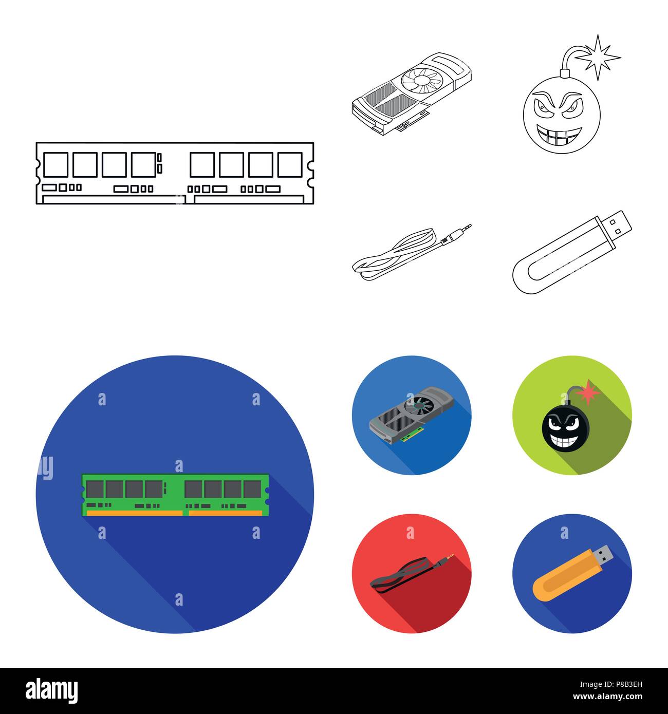 Video card, virus, flash drive, cable. Personal computer set collection ...
