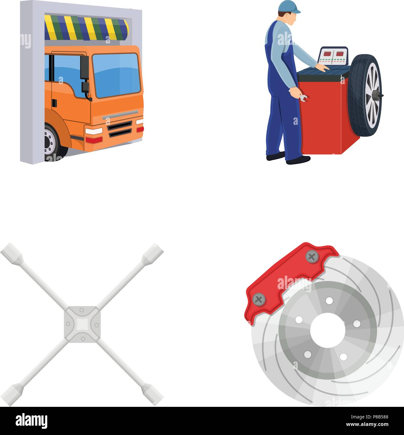 Wheel balancing, spanner and brake disc cartoon icons in set collection ...