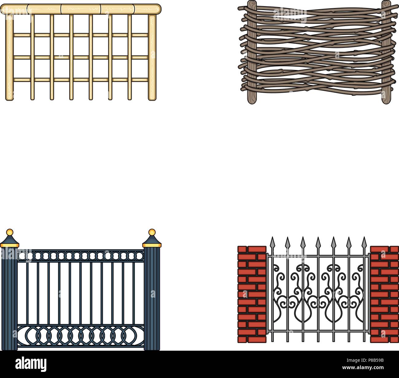 A fence of metal and bricks,wooden palisade. A different fence set ...