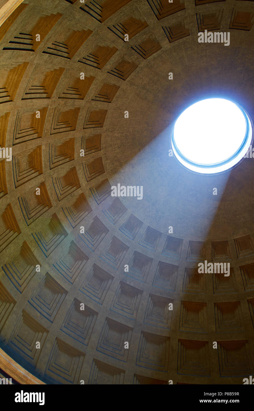 Sunlight streams through the open ceiling of the Pantheon, Rome, Italy ...